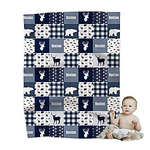 Woodland Deer Personalized Minky Fleece Baby Blanket with Name, Custom Deer Bear Baby Blankets for Boys Kids, Birthday Gifts, Deer Blankets for Infant Newborn, Soft and Warm Navy Blue Blanket