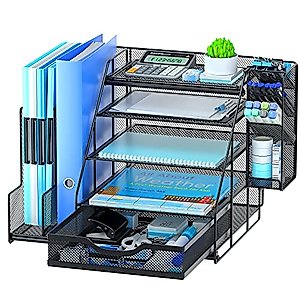 Egepon Office Desk Organizer with Vertical File Folder Holders 5-Tier Paper Letter Tray with Drawer and Hanging Pen Holder Multifunction Office Supplies and Accessories for Office School Home