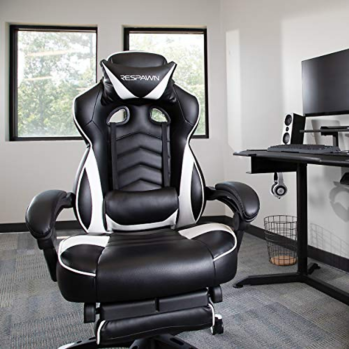 RESPAWN 110 Ergonomic Gaming Chair with Footrest Recliner - Racing Style High Back PC Computer Desk Office Chair - 360 Swivel, Adjustable Lumbar Support, Headrest Pillow, Padded Armrests - 2019 White