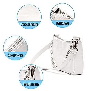 BOBOWINGS White Small Purses for Women, Mini Crocodile Pattern Leather Shoulder Bag Trendy with Silver Chain, Zipper Closure
