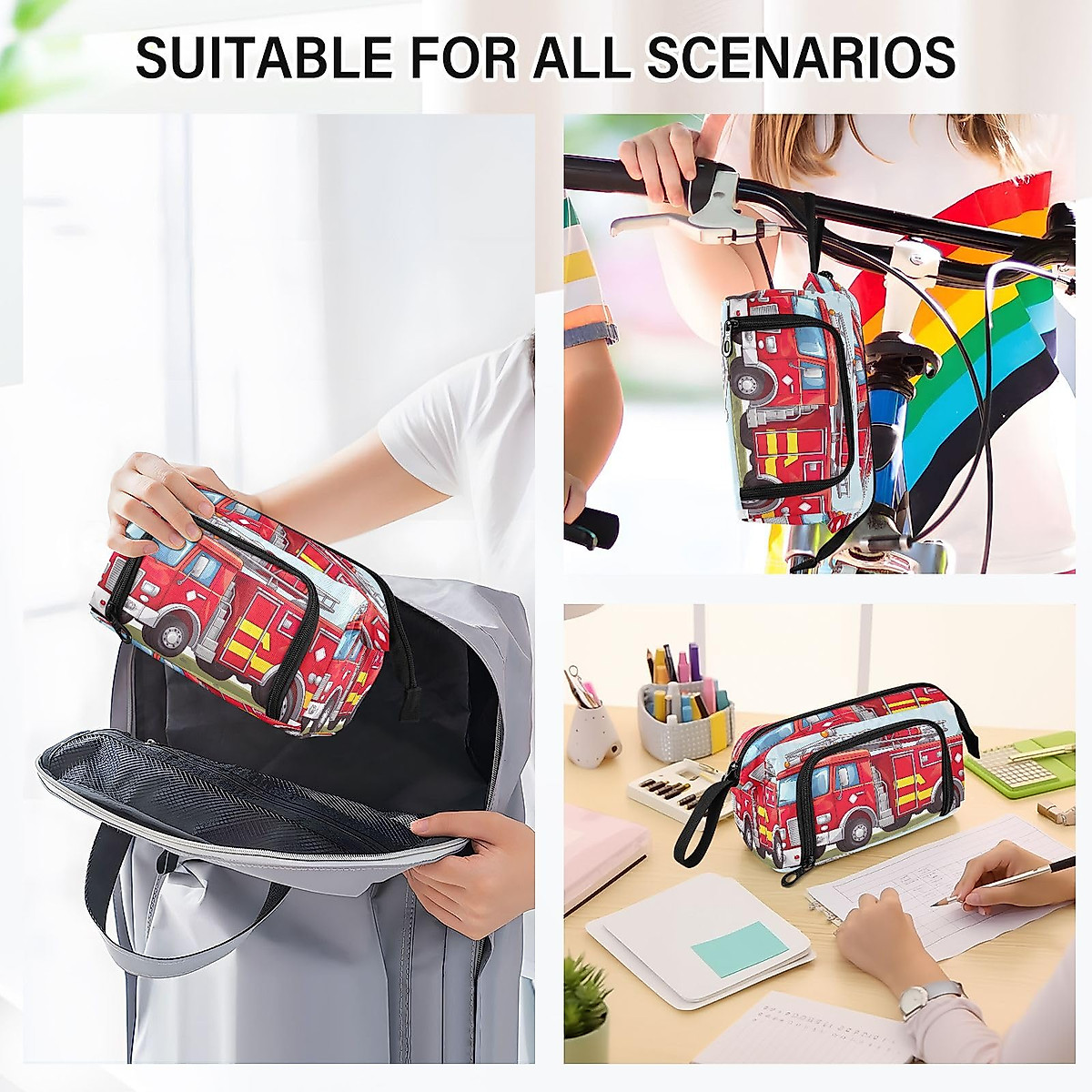 Emelivor Fire Fighting Truck Pencil Case Large Capacity Pencil Pouch Bag with Compartmens Pen Bag Case with Zipper Stationery Bag Pencil Organizer for Office School Teen Girl Boy Adult