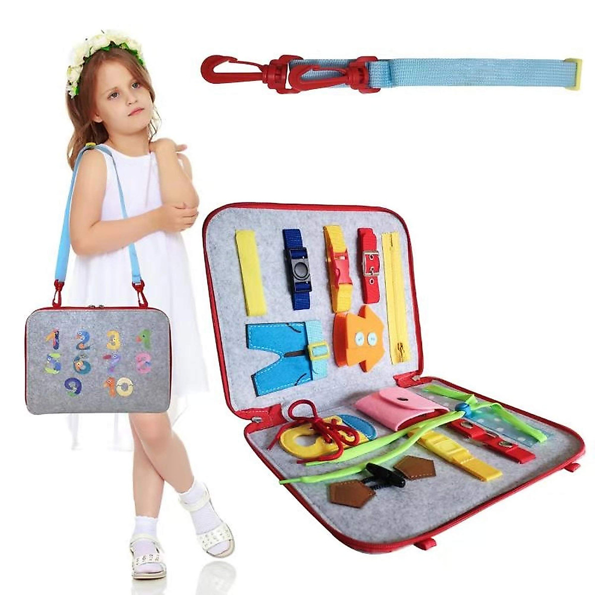 Busy Board for Toddlers 1-6, Travel Toys for Toddlers 1 2 3 4, Montessori Basic Skills Dress Zipper Latch Buckle Learning Book, Great Airplane Carseat Stroller Birthday Gift for Babies Boys and Girls