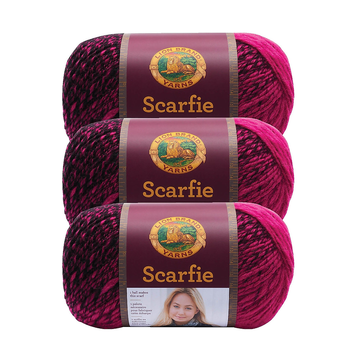 (3 Pack) Lion Brand Yarn Scarfie Bulky Yarn, Black/Hot Pink