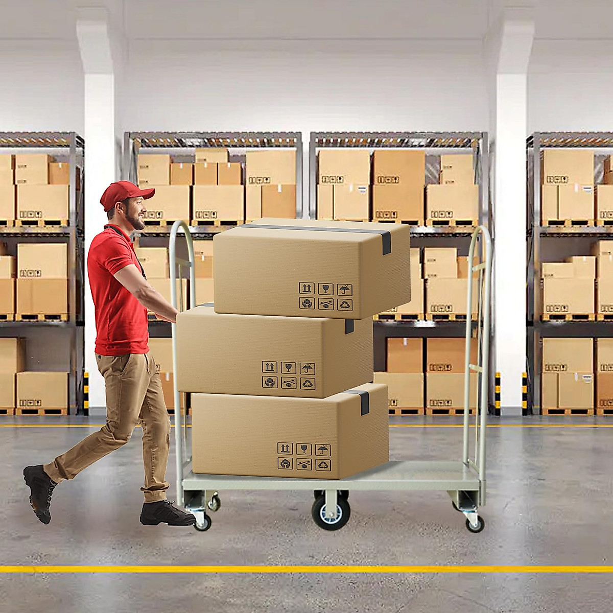 DIYTuning Narrow Aisle U-Boat Platform Truck with Thick Steel Deck Detachable Handles Dolly Push Cart Utility Cart Hand Trucks 2000lbs Capacity