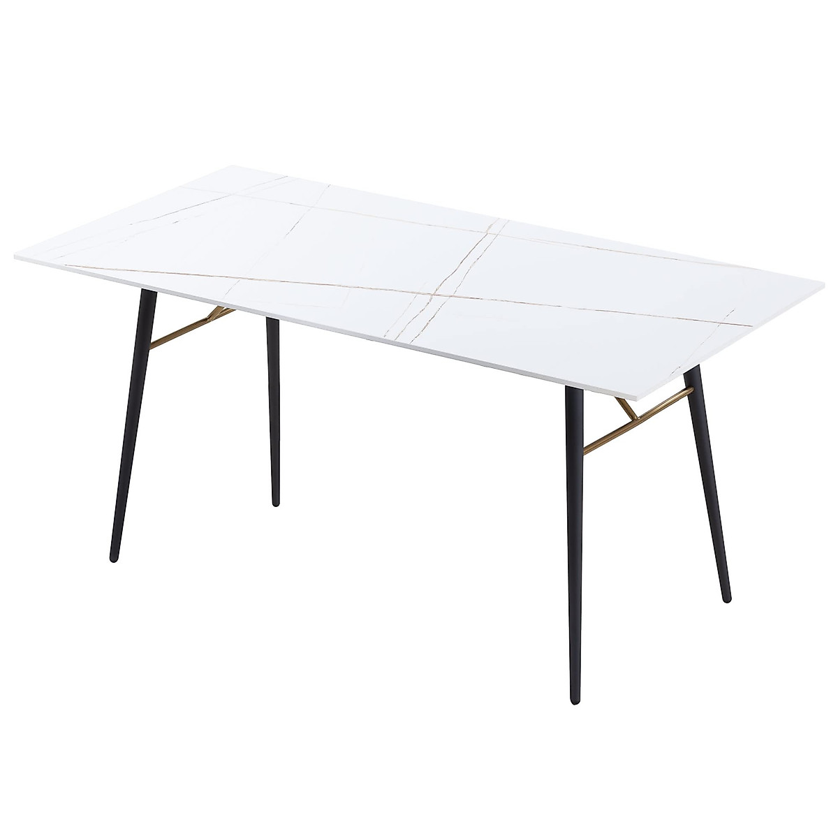 kevinplus 70'' Dining Table, Slate Kitchen Dining Table with Sintered Stone Top Surface, Modern Mid-Century Rectangular Conference Table for Office, Living Room Dinner Table, Metal Legs, White & Gold
