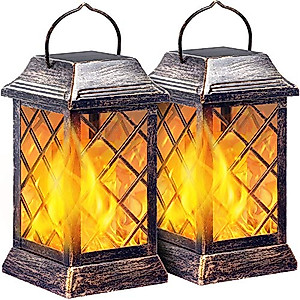 TomCare Solar Lights Outdoor Flickering Flame Metal Solar Lantern Outdoor Hanging Decorative Lanterns Heavy Duty Waterproof Umbrella Decorations Lighting for Patio Garden Deck Yard, 2 Pack (Bronze)