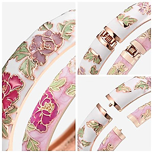 UJOY Fashion Cloisonne Bracelets Set Gold Plated Enameled Jewelry Spring Hinged Metal Cuff Bangles Gift Box Packed 55A106-55A113 white rose