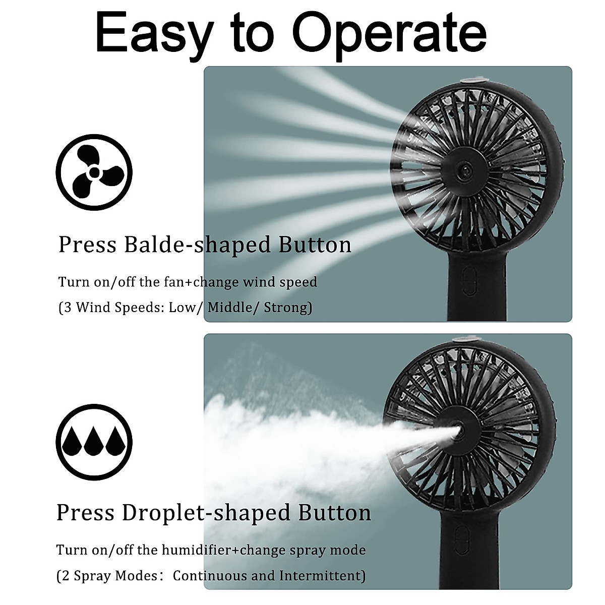 Portable Hand held Misting Fan, Small Personal USB Rechargeable Battery Operated Spray Fan Mister with 20ml Water Tank Mist Lash Fan Quiet 3 Speed Strong Cooling Wind for Travel Office Outdoors black