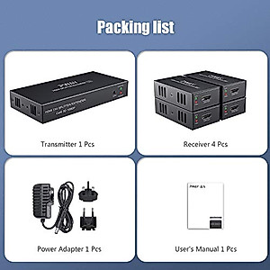 PWAY HDMI Extender Splitter 1x4 Port 1080P Signals Over Cat5e/Cat6 Ethernet Cable Up to 50m/165ft No delay Audio Video 1 in 4 Out for Camera, Laptop, Monitor, TV