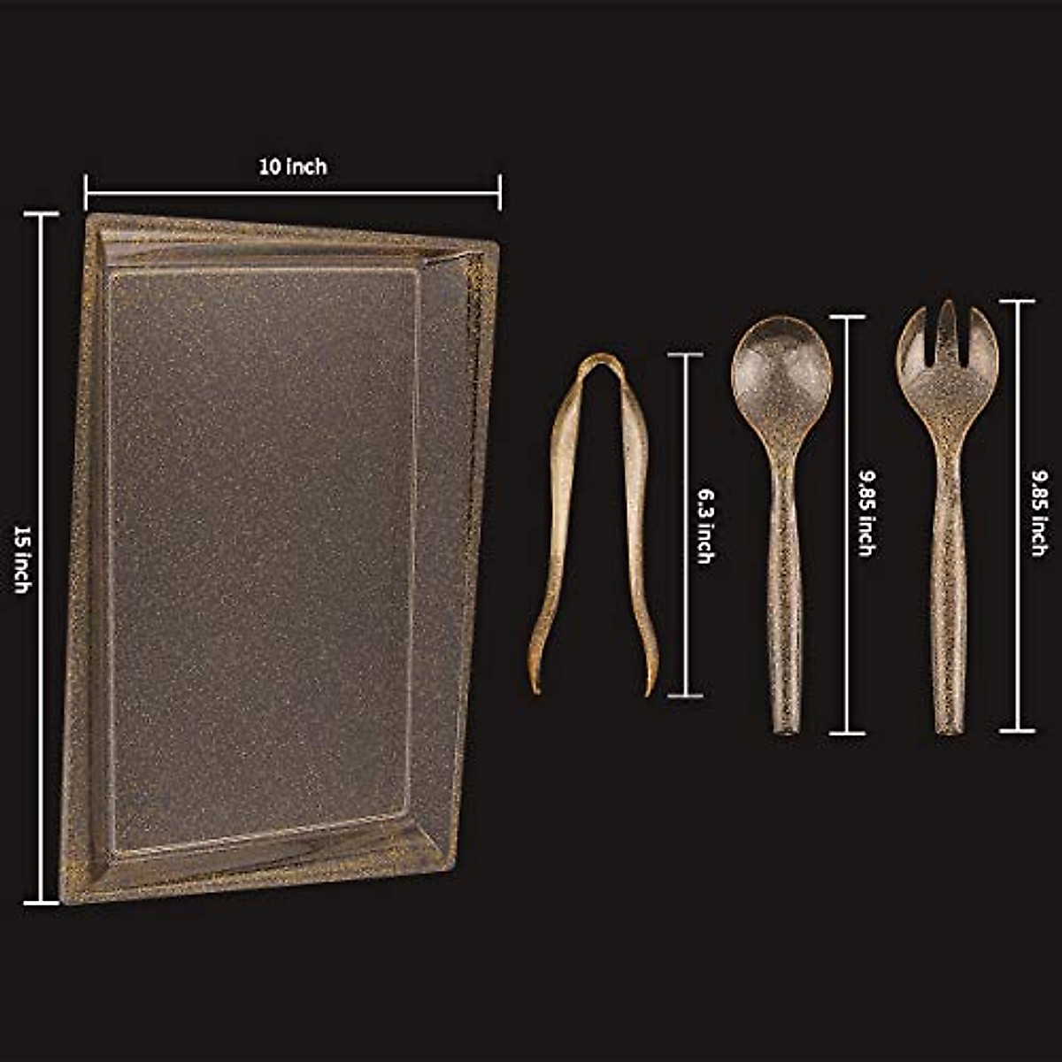 WELLIFE 24 Pack Plastic Gold Glitter Serving Tray with Disposable Utensils, 6 Rectangle Platter 15” x 10”, 6 Serving Spoons 10”, 6 Serving Forks 10”, 6 Serving Tongs 6.3”, Perfect for Buffet & Partie