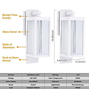 Inowel Outdoor Wall Sconce Lantern Dusk to Dawn Sensor White LED Exterior Light IP54 Waterproof Classic Wall Light Aluminum Wall Mount Lamp Lighting for Porch Front Door Garden 13W 800Lm 3000K