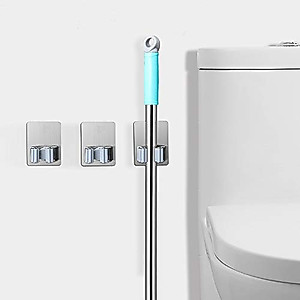 Broom and Mop Holder Wall Mounted, Stainless Steel Self Adhesive Single Broom Hanger Hook, Heavy Duty Organizer Rack for Kitchen Garage Closet Pantry Refrigerator, No Drill, Rectangle Gray, 4 Pack