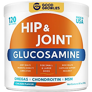 GOODGROWLIES Mobility Glucosamine Treats for Dogs - Advanced Hip & Joint Supplement w/Omega-3, Chondroitin, MSM - Made in USA - Joint Pain Relief - Hip & Joint Care - 120ct