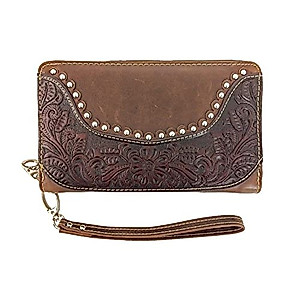 Montana West Ladies Wristlet Wallet 2-in-1 Western Tooled Genuine Leather Zippered Enclosure Brown