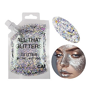 CAI BEAUTY NYC Silver Glitter Bag Gel for Face, Body and Hair 90ml 3.04oz Holographic Cosmetic Grade Glamour Chunky Glitter Makeup | Festival, Rave, Halloween, Concert Accessories for Women
