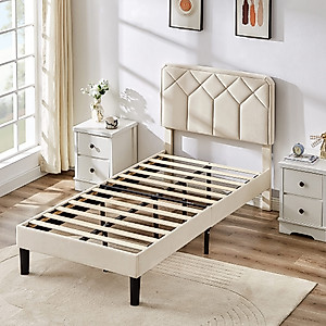 VECELO Twin Size Bed Frame Premium Leather Upholstered Platform with Height Adjustable Headboard/Mattress Foundation, Solid Wooden Slat Support, No Box Spring Needed/Easy Assembly