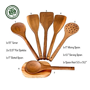 VERY NITTY Very Beautiful Kitchen Utensil Set, 7pc Wooden Cooking Utensils, Spoons and Spatula Set with Spoon Rest. Wood Kitchen Gadgets, Tools and Supplies for Cooking, Baking, Mixing and Salad Bowl
