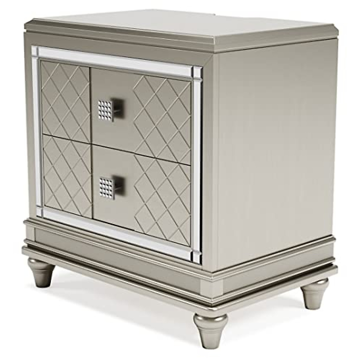 Signature Design by Ashley Chevanna Glam Embossed Diamond-Patterned 2 Drawer Night Stand with USB Charging Ports, Chrome