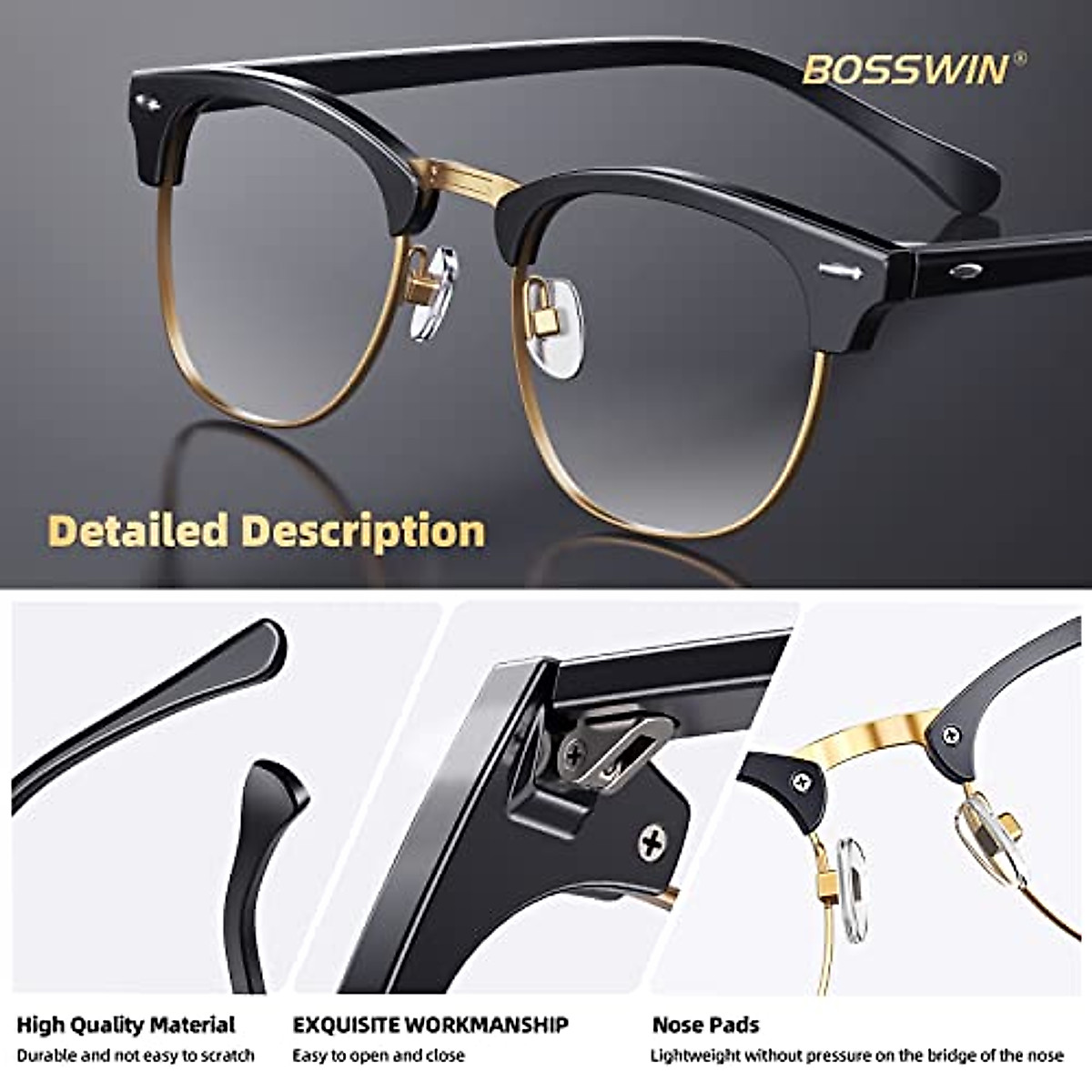 BOSSWIN Blue Light Glasses, 2 Pack, Fashion Round Half Frame, Computer/Game/Reading/TV Blue Light Blocking Glasses (Gold+silver)