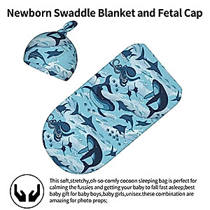 Sea Waves Dolphins Sharks Whale Octopus Newborn Swaddle Blankets Baby Wrap Blanket Soft with Beanie Hat Sets Gifts for Infant Boy Girl