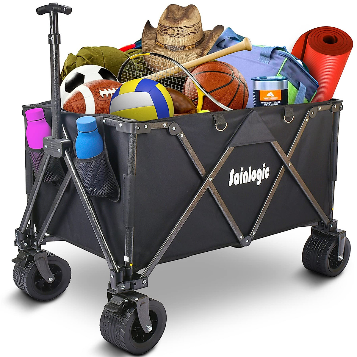 Sainlogic 300L Collapsible Folding Beach Wagon Cart with 450Lbs Large Capacity, Wagons Carts Heavy Duty Foldable with Big Wheels for Sand, Garden, Camping