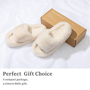Chantomoo Women's Slippers Memory Foam House Bedroom Slippers for Women Fuzzy Plush Comfy Faux Fur Lined Slide Shoes Anti-Skid Sole Trendy Gift Slippers Beige Size7 8 6.5