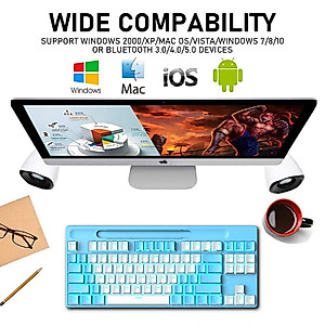 Bluetooth Mechanical Gaming Keyboard with Multi Backlit 87Key Anti-Ghosting Ergonomic Wired/Wireless 2.4Ghz USB Receiver Rechargeable 3300mAh Battery for PC Mac Gamer Typists (White Blue/Blue Switch)