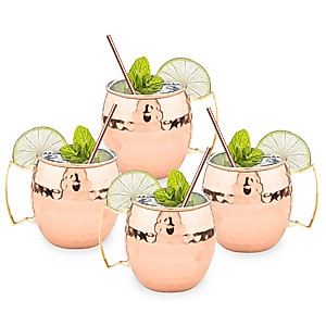 BOLD & DIVINE Copper Plated Moscow Mule Mugs Set of 4 | 18 Oz Hammered Copper Cups with Stainless Steel Lining Gold & Brass Handles with Copper Straws & Shot Glass | Perfect for Bars, Parties & Gifts