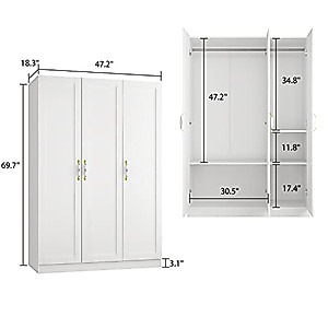 Homsee Large Wardrobe Armoire Wooden Closet with 3 Doors, 5 Storage Compartments, 2 Hanging Rods & Decorative Handles for Bedroom, White (47.2”L x 18.3”W x 69.7”H)