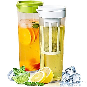 2Pcs Plastic Water Pitcher,Water Carafe BPA Free Iced Tea Pitchers,Airtight Fruit Infuser Water Pitcher for Fridge Door,Homemade Iced Coffee and Lemonade 1.1L/38Oz（white green）
