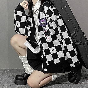 Kawaii Sweater Black Plaid Anime Cardigan Sweater for Women Cosplay Costume V Neck Long Sleeve Women's Button Knitted Outerwear JK Uniform S