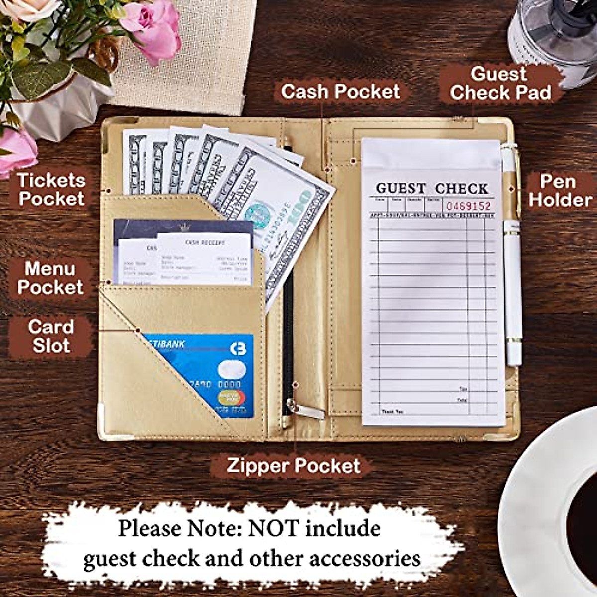 FIODAY Server Books Alphabet Waitress Book Cute Waiter Book Zipper Pocket Leather Serving Book with Gift Keychain Guest Check Book Server Note Pads Holder Fits Server Apron, K