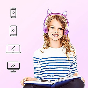 Olyre Kids Headphones, Safe 85db Volume Control Light Up Cat Ear Headphones for iPad Fire Tablet Kindle, On-Ear LED Children Headphones for School Learning Travel - Purple/Pink