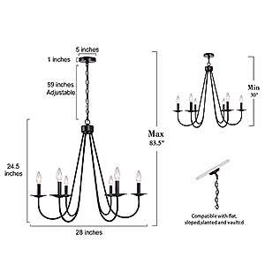 LALUZ Black Chandelier, 6-Light Farmhouse Chandelier for Dining Rooms, Bedroom, Living Room, 28’’ W x 24.5’’ H