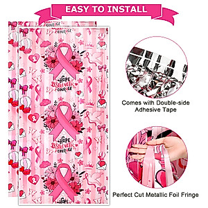 HOWAF Breast Cancer Awareness Foil Fringe Curtains Decoration, 2 Pack 3.2 * 6.5ft Pink Ribbon Photo Booth Backdrop Hope Fight Breast Cancer Streamer Tinsel Curtains for Hope Strength Women Supplies