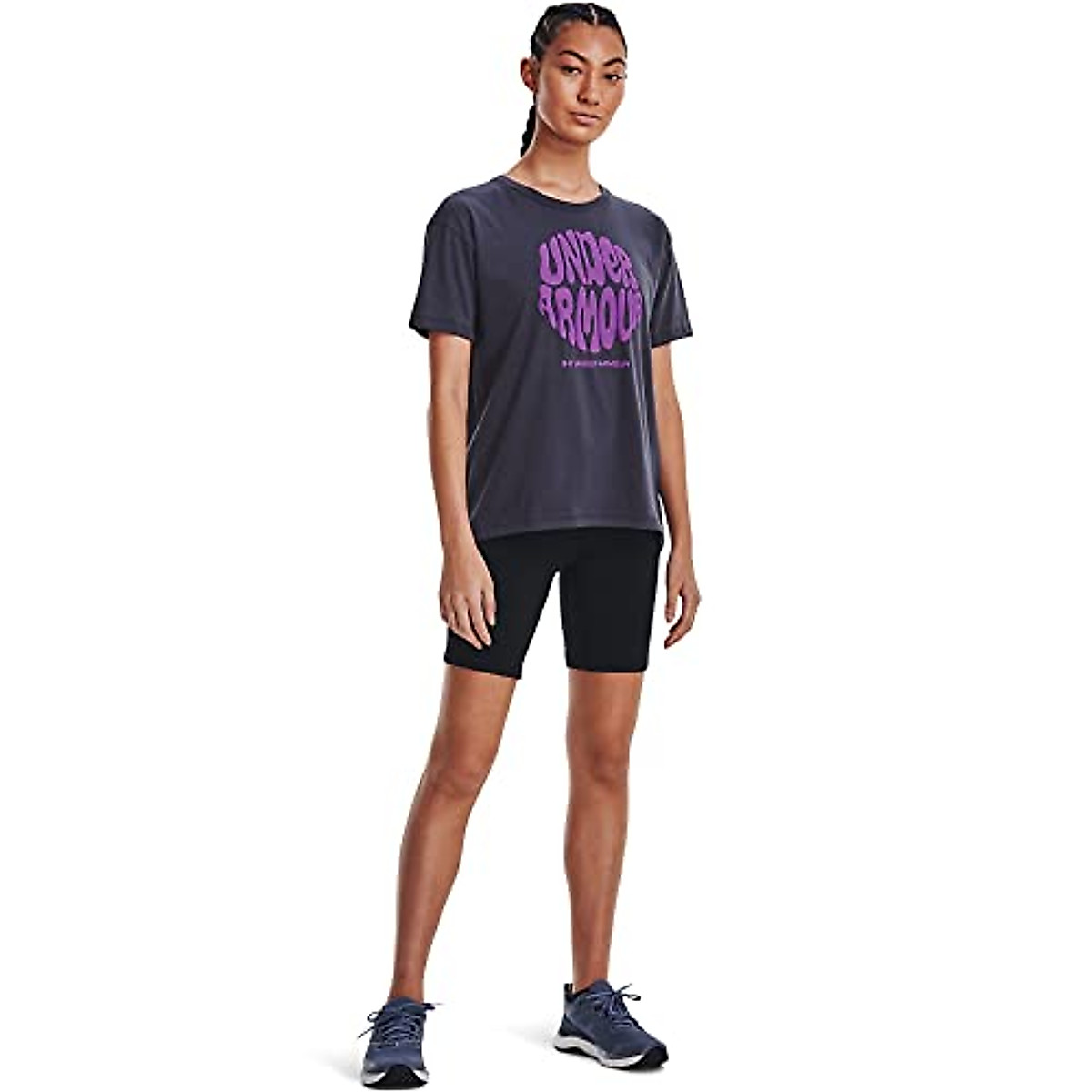 Under Armour Women's Standard Grovey Wordmark Short Sleeve T-Shirt, (558) Tempered Steel / / Lunar Purple, Large