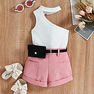 Yunfanda Toddler Girl Kids Shorts Outfit One Shoulder Ruffle Crop Tops + Pants 2Pcs Summer Clothes Set (White Tops+Pink Shorts, 4-5T),JX-F002