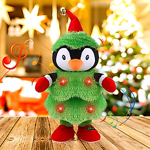 ACETOP LED Musical Christmas Tree Penguin Stuffed Animal Repeats What You Say Light up Soft Plush Toy Singing Dancing Talking Record Mimicking Twisting Interactive Animated Dolls Decoration Xmas Gifts