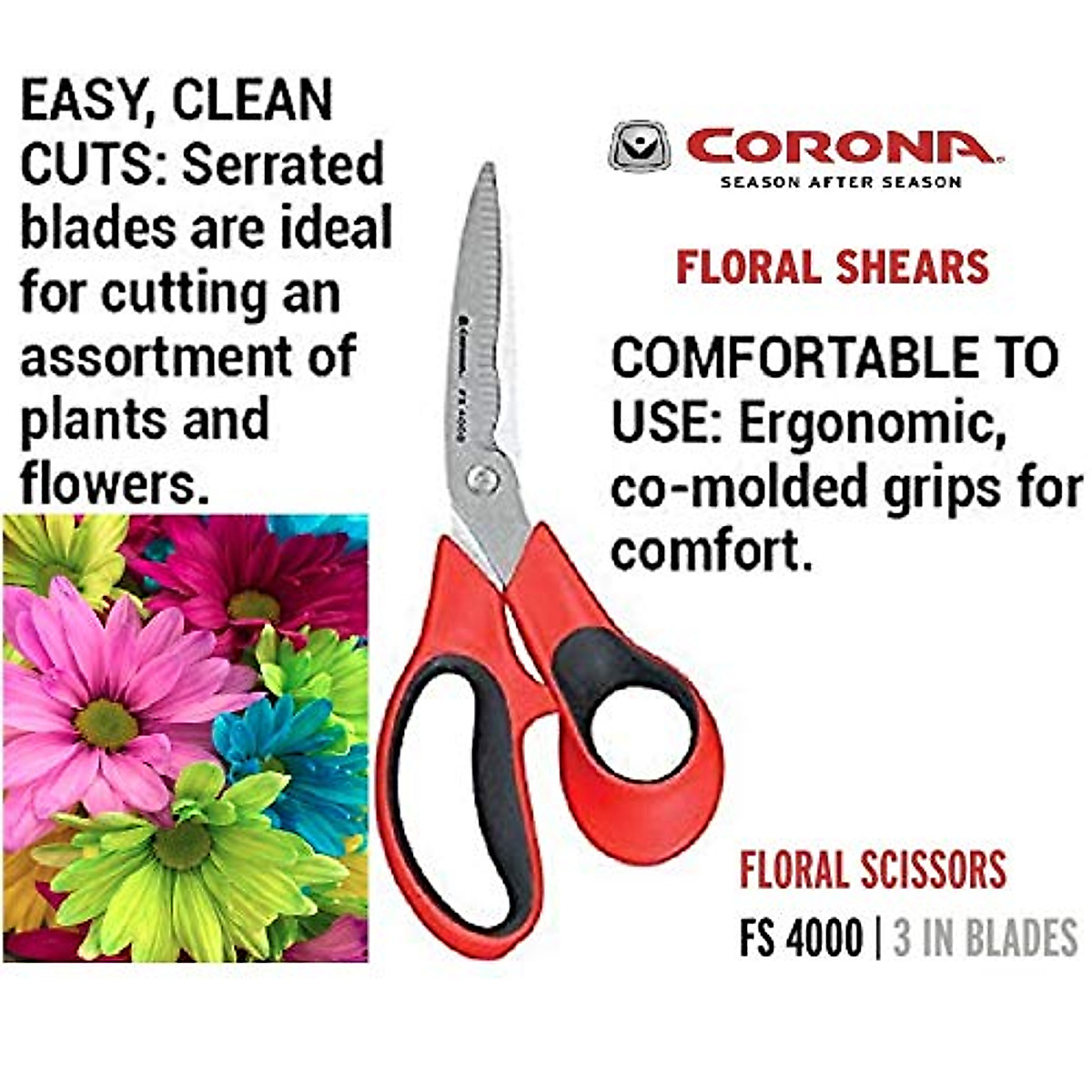 Corona Stainless Steel Floral Scissors, 3 Inch Blade, FS 4000, Red