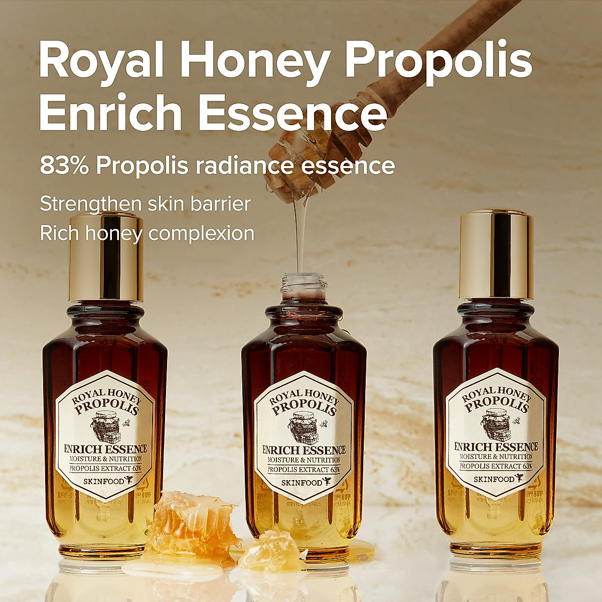 SKINFOOD Royal Honey Propolis Enrich Essence - 63% Black Bee Propolis & 10% Royal Jelly Extract Face Serum - Propolis Serum for Skin, Valentine Day Gift - 1.69 Fl. Oz. (50mL)