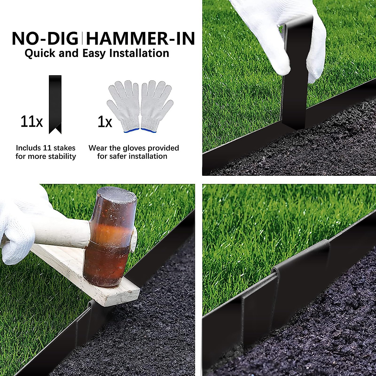Worth Garden 10-Pack Galvanized Steel Landscape Lawn Edging - 4.5in H Black Powder Coated Bendable Metal Strips - Hammer-in Edging Border w/ 11 Clips - Yard Pathway Divider (33Ft Total)
