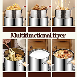 Deep Fryer Pot 304 Stainless Steel Frying Pan with Strainer Basket and Handle,Japanese Tempura Fryer Deep Fryers Frying Pot for Frying Fish Shrimp Chicken and Fries (Silver)