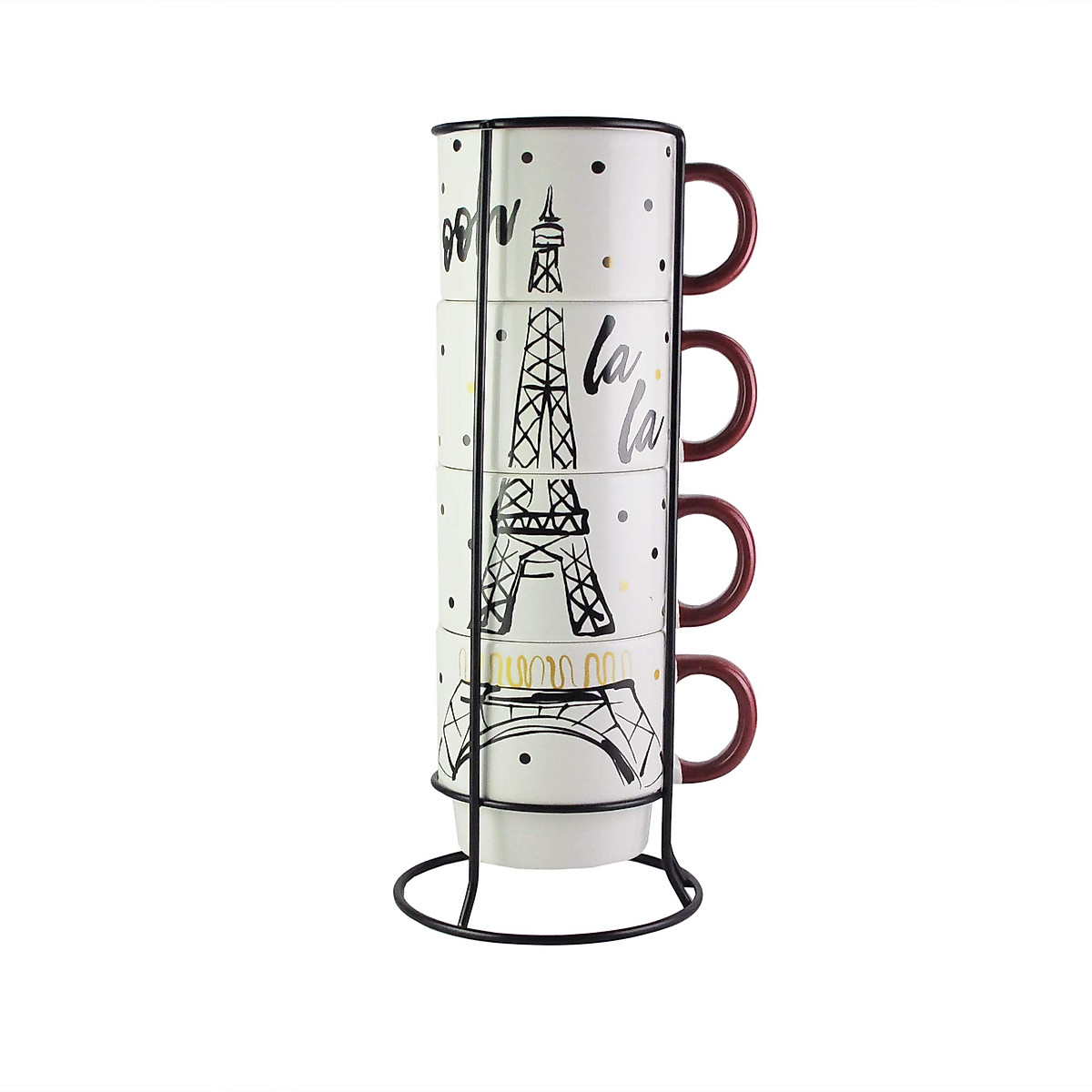 American Atelier Ceramic Mug & Rack Set – [4] 14-Ounce Cups & Standing Metal Rack for Kitchen Countertop, Tabletop, Island or Café Display – Tea & Coffee Lovers - Eiffel Tower Design