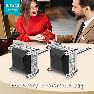 UNFAAR 18K White Gold Plated Sterling Silver Princess Cut Cubic Zirconia Stud Earrings Square CZ Diamond Stud Earrings for Women Men Hypoallergenic (6MM, Black)