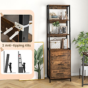 Giantex Ladder Bookshelf with Drawers, 69" Tall Wooden Bookcase with 4 Shelves, Modern Book Shelf Storage Organizer Unit, Freestanding Display Shelving Rack for Living Room, Bedroom (Rustic Brown)