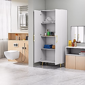 RESOM Kitchen Pantry Storage Cabinet with Doors and Adjustable Shelves, Tall White Storage Cabinet for Home Office, Garage, Laundry, Utility Room
