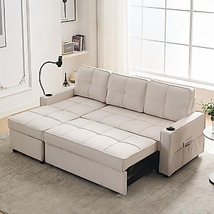 Bumblr Sleeper Sofa Couch with Pullout Bed for Living Room, Modular Sectional Sofa Bed with Storage Chaise, 3 Seater L Shape Couch with Cup Holders, USB Port and Phone Holder, Beige