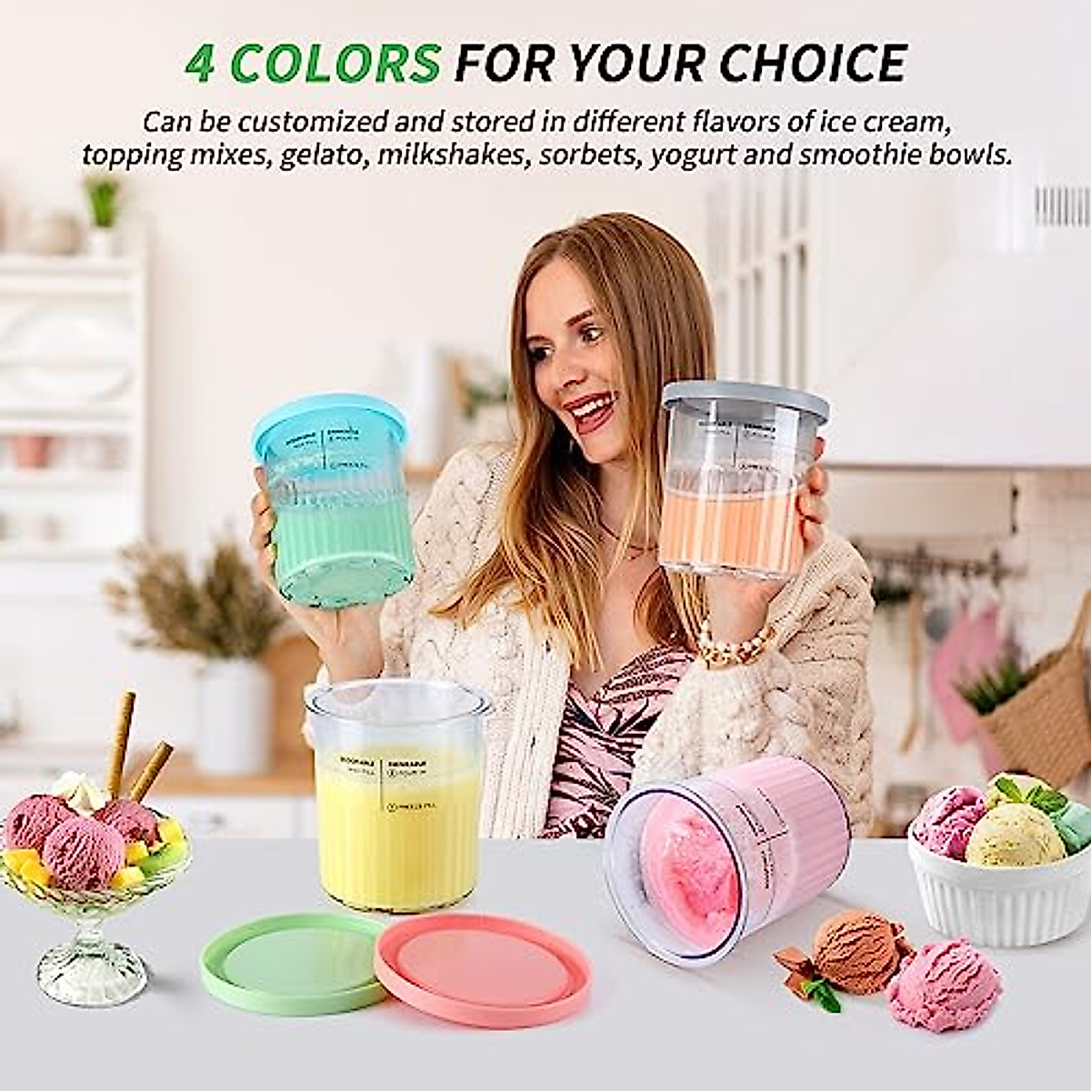 4 Pack Ice Cream Pints and Lids Compatible with Ninja NC501 Series Creami Ice Cream Makers,BPA-Free,Dishwasher Safe,Color Lids