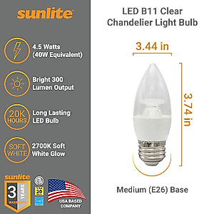 Sunlite LED B11 Clear Chandelier Light Bulb, 4.5 Watts (40W=), 300 Lumens, 120 Volts, Dimmable, Medium E26 Base, Energy Star, 90 CRI, ETL Listed, Torpedo Tip, 2700K Soft White, 6 Pack