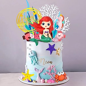 17 PCS Mermaid Cake Toppers Ocean Animals Under the Sea Cake Decorations with Ariel Model for Mermaid Under the Sea Theme Baby Shower Birthday Party Supplies (style 1)